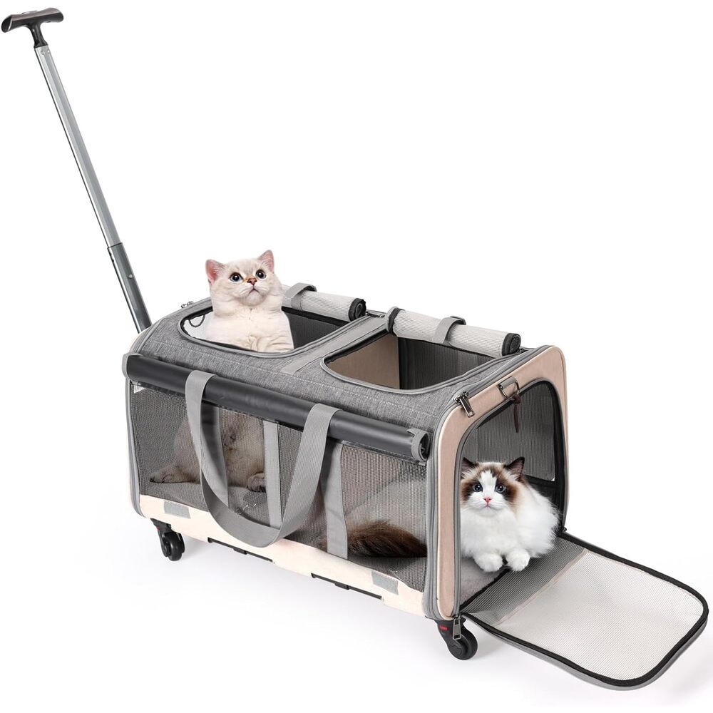 Foldable Double-Compartment Rolling Cat Carrier with Wheels, Perfect ...