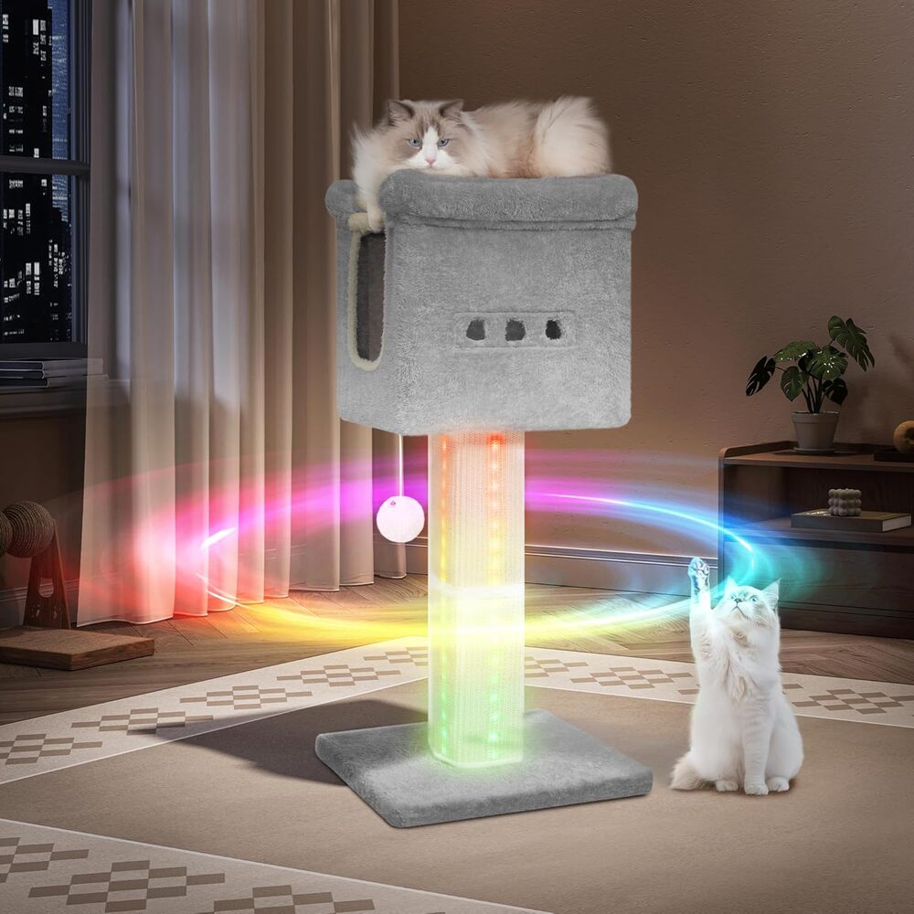 39-Inch Cat Scratching Post Tower with Cozy Bed & LED Light Strip ...